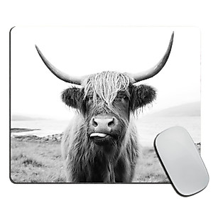 Black and White Mouse Pad, Scottish Highland Cow on Isle of Mull Mouse Pad, Mouse Mat Square Mouse Pad Non Slip Rubber Base MousePads for Office Laptop, 9.5"x7.9"x0.12" Inch