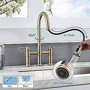 Dornberg Bridge Kitchen Faucet with Pull Down Sprayer, 3 Hole Kitchen Sink Faucet Spot Free Stainless Steel, 2 Handle for Easy Controlled Cold and Hot Water - Brushed Golden