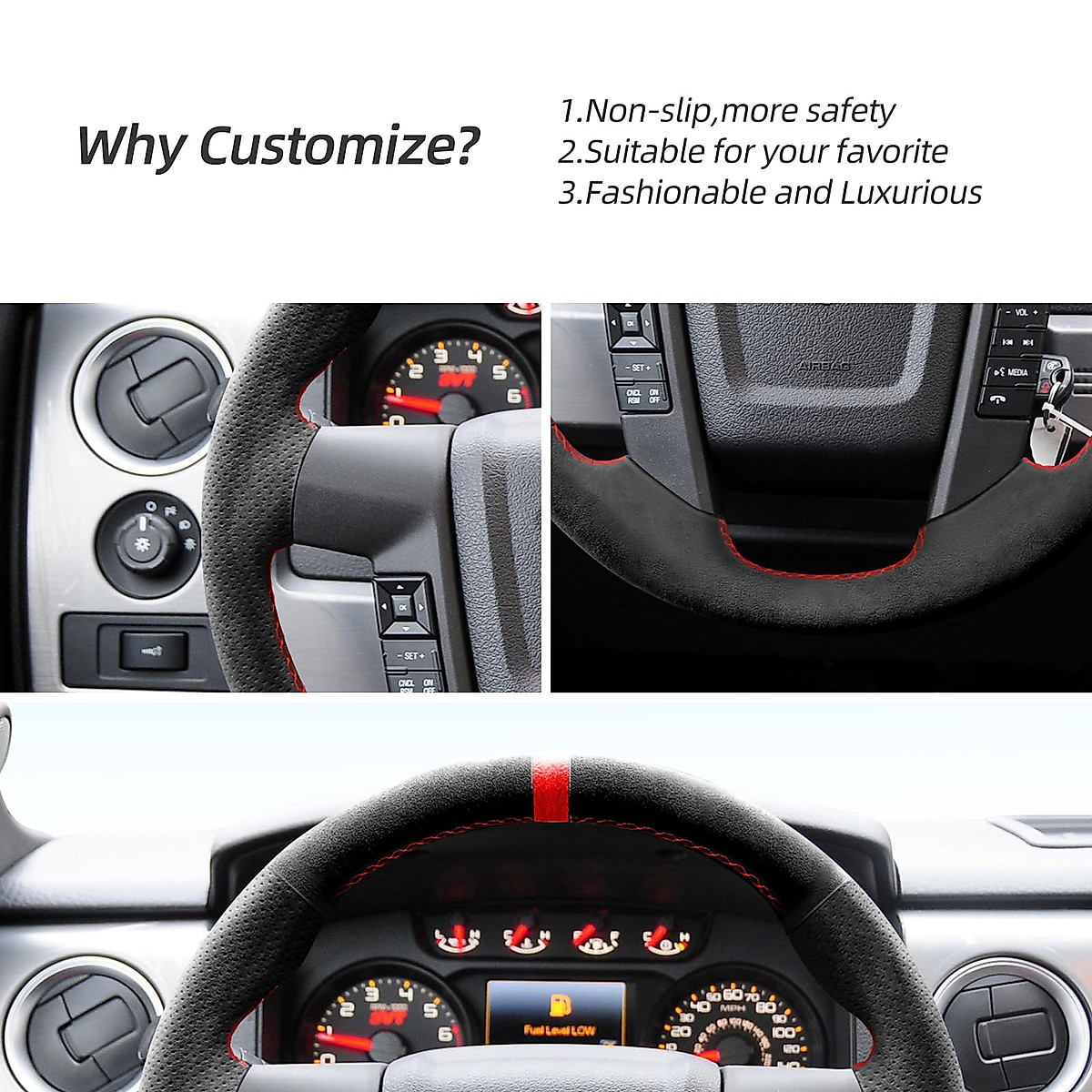 Alfanxi Hand Stitch Alcantara Steering Wheel Cover Compatible with Ford F-150 SVT Raptor 2010-2014 (Red Stripe)