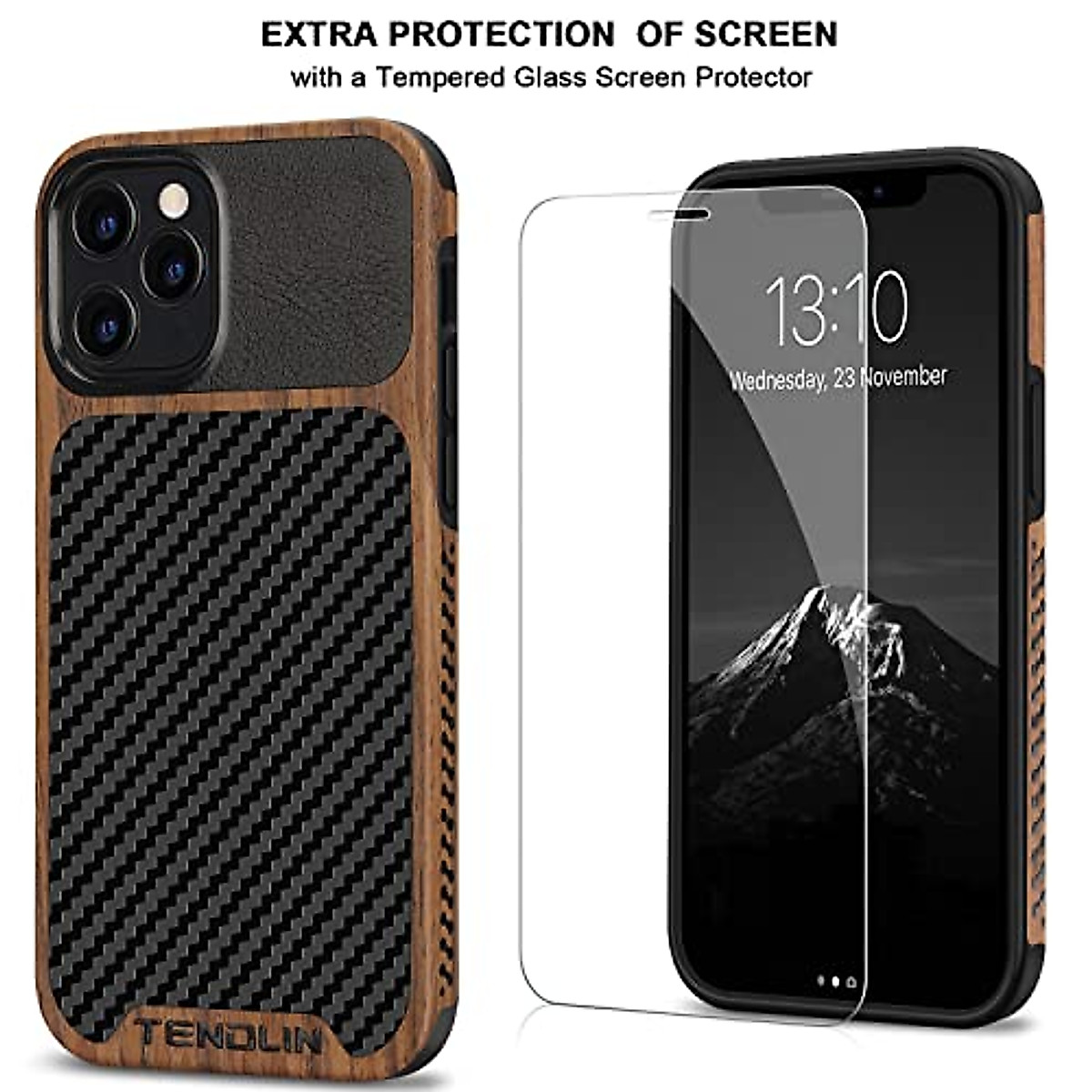 TENDLIN Compatible with iPhone 12 Pro Max Case Wood Grain with Carbon Fiber Texture Design Leather Hybrid Case Black