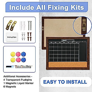 4 THOUGHT Chalkboard Calendar Corkboard Combo, 12" x 16" Small Bulletin Board Magnetic Calendar Chalkboard for Wall Combination Board Monthly Planner Rustic Brown Frame 1 Markers 6 Magnets 4 Pushpins