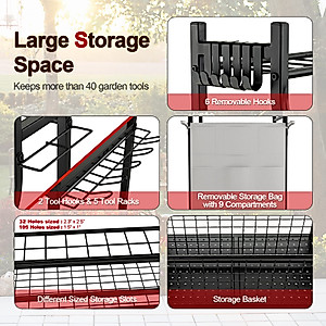 Goplus Garden Tool Organizer, 3-Tier Garage Tool Storage Cart w/Removable Hooks, Side Bag, Universal Wheels, Yard Tool Rack Holder, Metal Tool Rolling Cart for Shed, Lawn