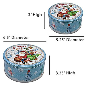 HADAAYA Round Merry Xmas Christmas Decorative Holiday Gifting tins, Set of 2. watercolor painted look with Santa, Snowman & Reindeer moose with Xmas tree