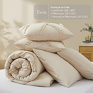 BEDAZZLED Twin Comforter Set - Beige Ruffle Comforter 3PCS Bed in a Bag, Textured Bed Comforter Chic Fluffy Bedding Set (1 Ruffle Pillowcase and 1 Solid Color Pillowcase)