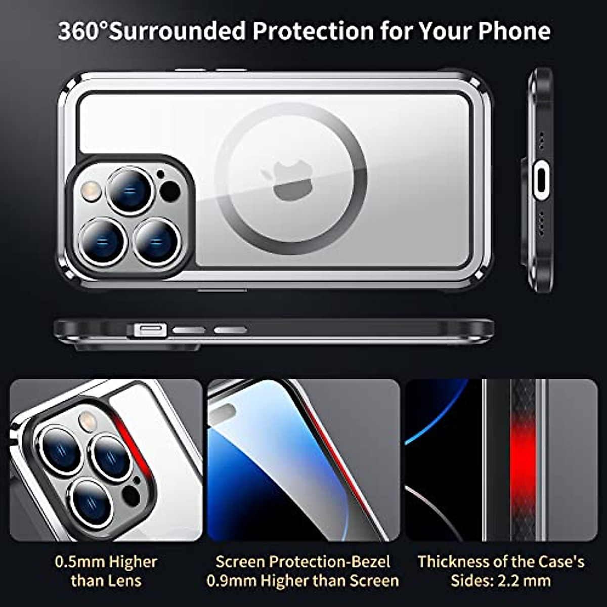 Auleegei Stainless-Frame Metal Magsafe Designed for iPhone 14 Pro case Clear [20 FT Military Drop Protection] Protective Shockproof Bumper with Airbag Case [Non-Yellowing] Cover 6.1 Inch-Silver