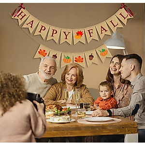 JOZON Happy Fall Burlap Banner Happy Fall Bunting Banner Garland with Pumpkins Maple Leaves Acorn Sign for Autumn Party Decorations Thanksgiving Fall Harvest Decor for Mantle Fireplace Wall