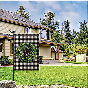 Spring Garden Flag Welcome Flags 12x18 Double Sided Buffalo Check Plaid Burlap Evergreen Yard Flags for Spring Winter Yard Outdoor Farmhouse Decor Small