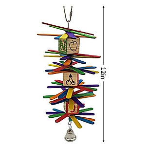 Tropical Chickens Chewing Stick with Wood Block Toy - Multicolored Natural Eco-Friendly Enrichment Toy with Bell for Bird Enrichment Conure Lovebird Cockatiels Small and Medium Birds