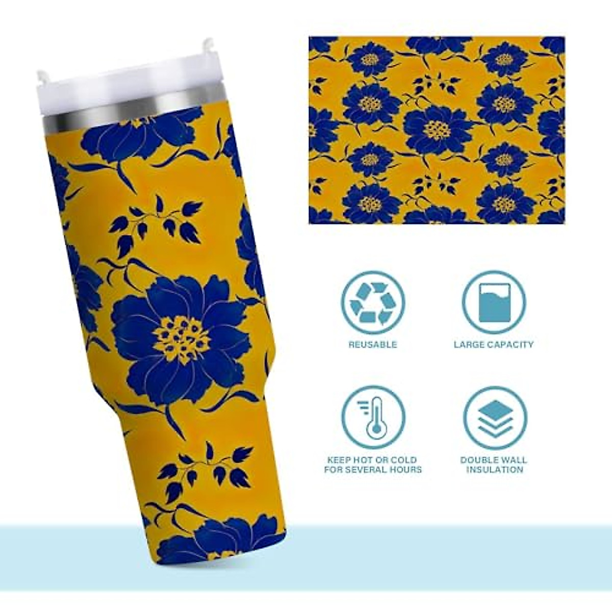 RPLIFE Elegant Dark Blue Flowers Yellow 40 Oz Tumbler with Handle and Straw, Stainless Steel Cups with Lid, Coffee Tumbler for Women