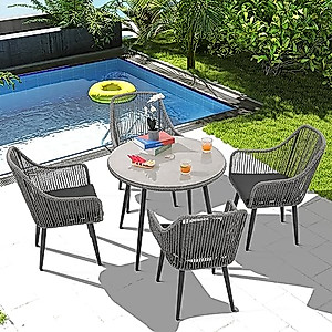 Patiorama 5-Piece Patio Dining Set, Outdoor Dining Table Chair Set, All-Weather Twisted Rattan Wicker Rope Conversation Set, Patio Furniture Set w/Umbrella Hole, 4 Cushioned Chairs&Glass Table(Gray)
