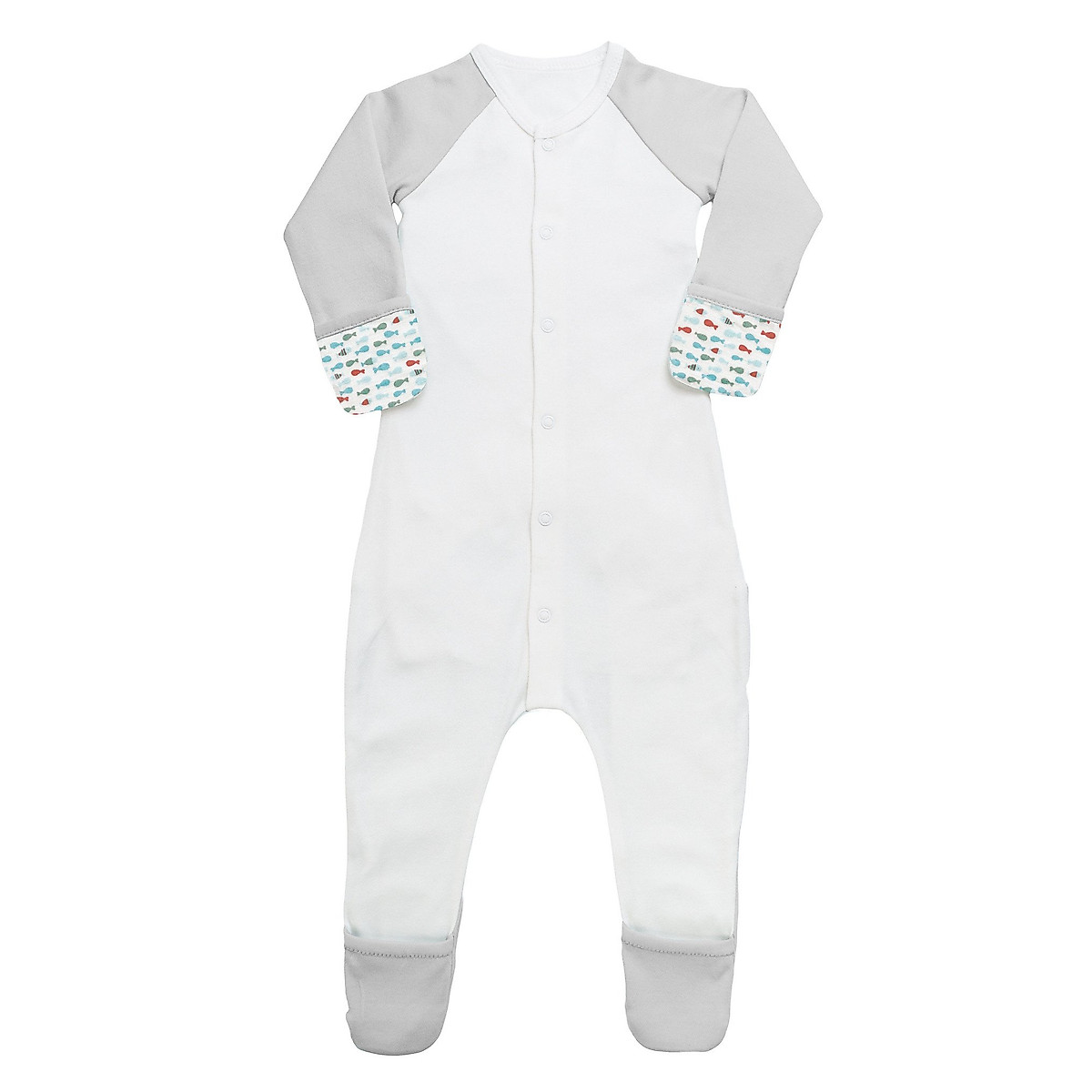 goumikids Goumi'all, Smart Adjustable Footie Baby Pajamas Made With Soft, Organic Material - School Of Fish (Gray), 0-3 Months