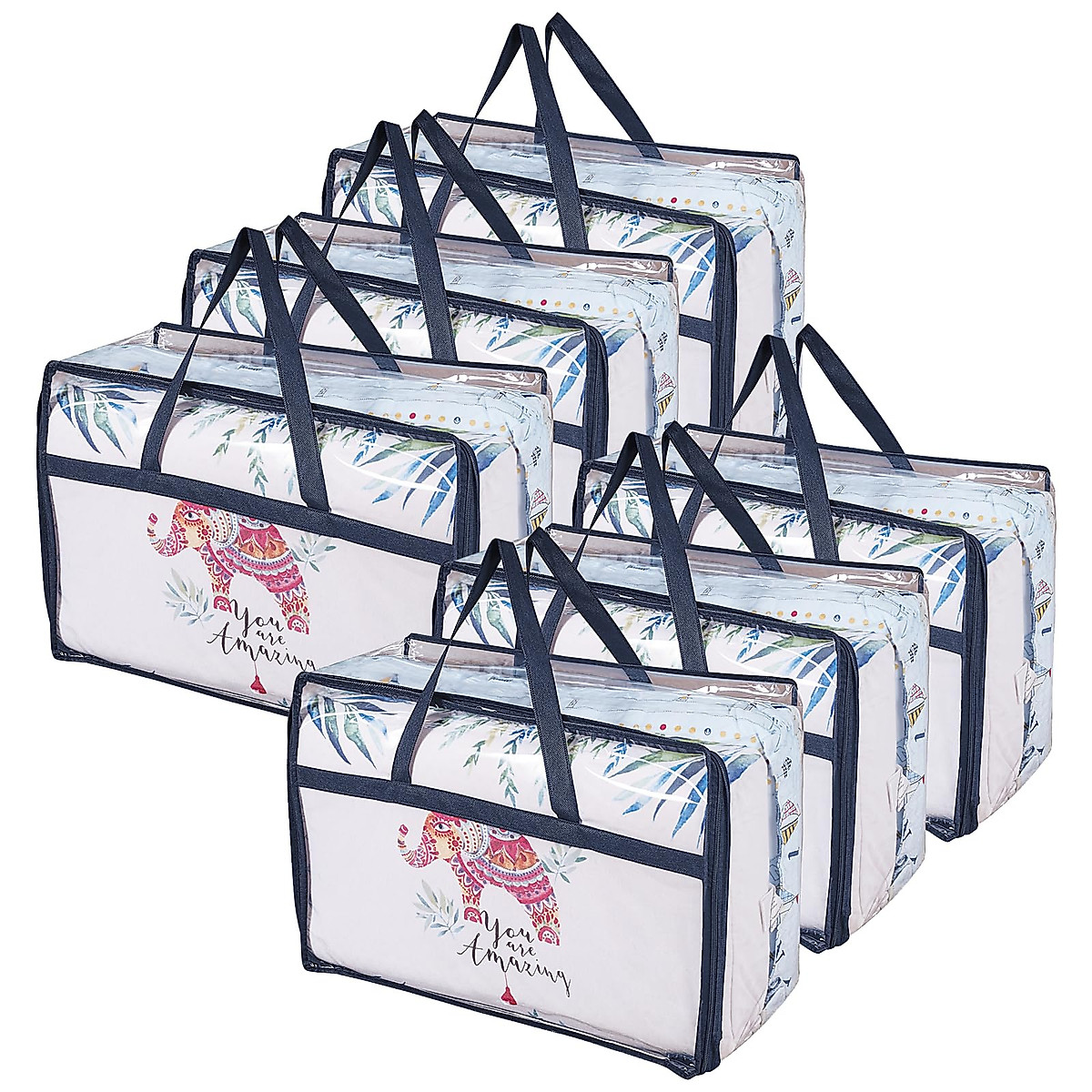 Victrekon Clear Storage Bag with Dual Zippers & Handles, 75L Extra Large Capacity Vinyl Underbed Storage Organizer for Comforter, Blanket, Bedding, Clothes, Duvet, Sheet, Toys, 6 Pack, Blue