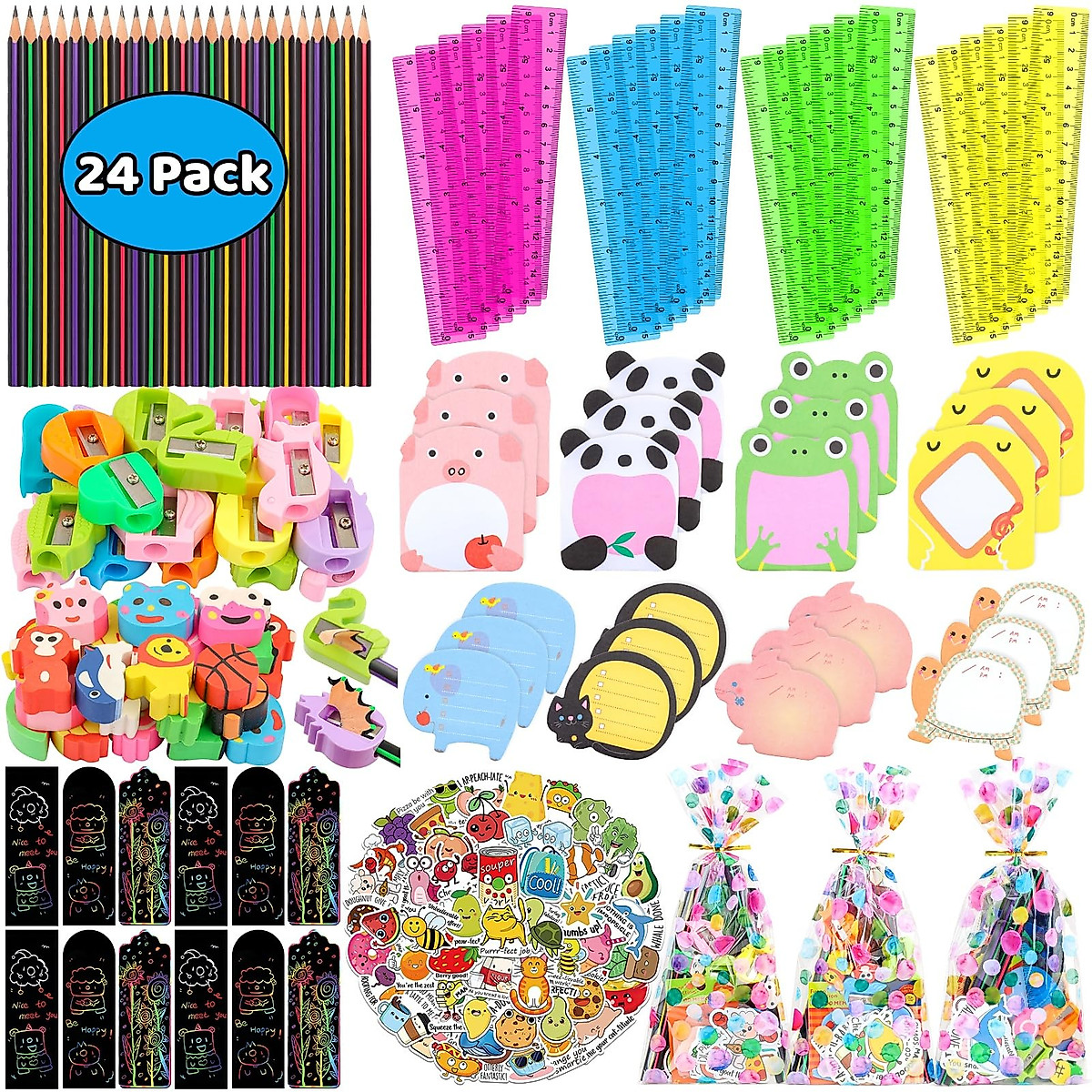 Mepmela Stationery Party Favors for Kids, 24 Pack Stationery Party Supplies With Pencils Rulers Erasers Sticky Notes For Birthday Goodie Bags School Classroom Rewards