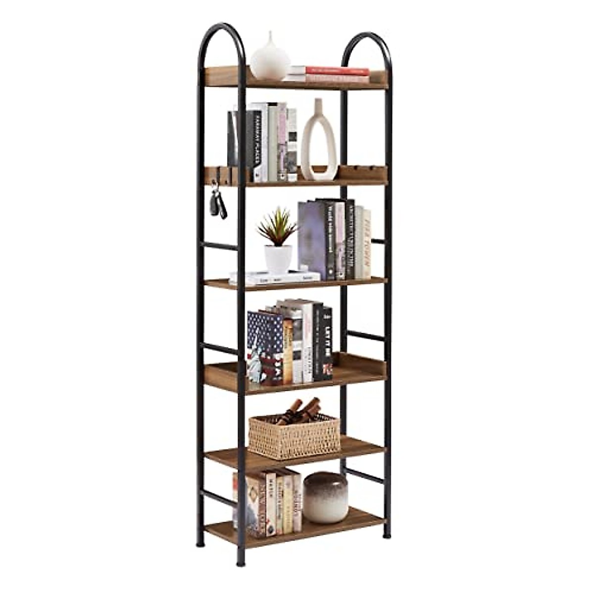 Merax 6 -Tier Tall Bookshelf Bookcase, Open Industrial Open Storage and Display Shelves with Hooks