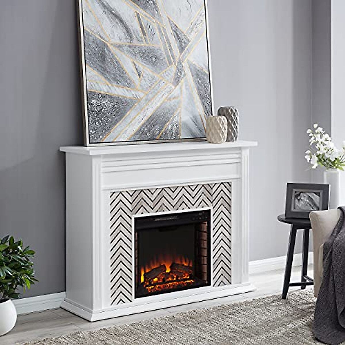 SEI Furniture Hebbington Carrara Marble Tiled Electric Fireplace, White-Gray