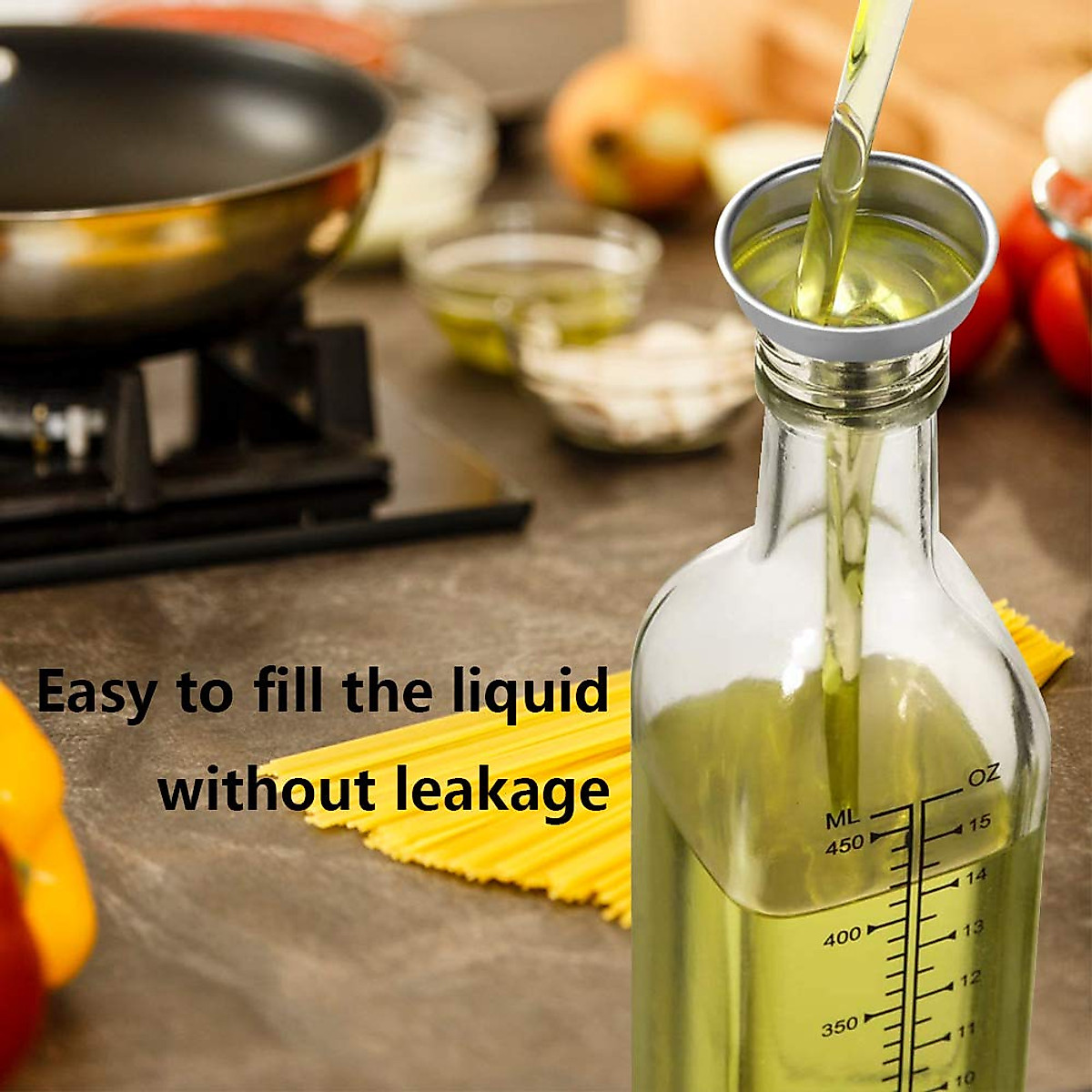 WERTIOO 17 OZ Olive Oil Dispenser Bottle, 4 Pack Glass Oil and Vinegar Dispenser Set Oil Container with 6 pcs Stainless Steel Pour Spouts Funnel & Pen and Tag for Kitchen