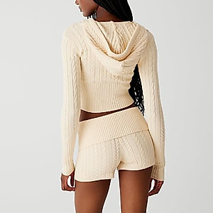 Luckinbaby Women's 2 Piece Cable Knit Sweatsuit Long Sleeve Zip Up Crop Hoodie Low Waist Shorts Set Y2k Ribbed Matching Set (Apricot, M)