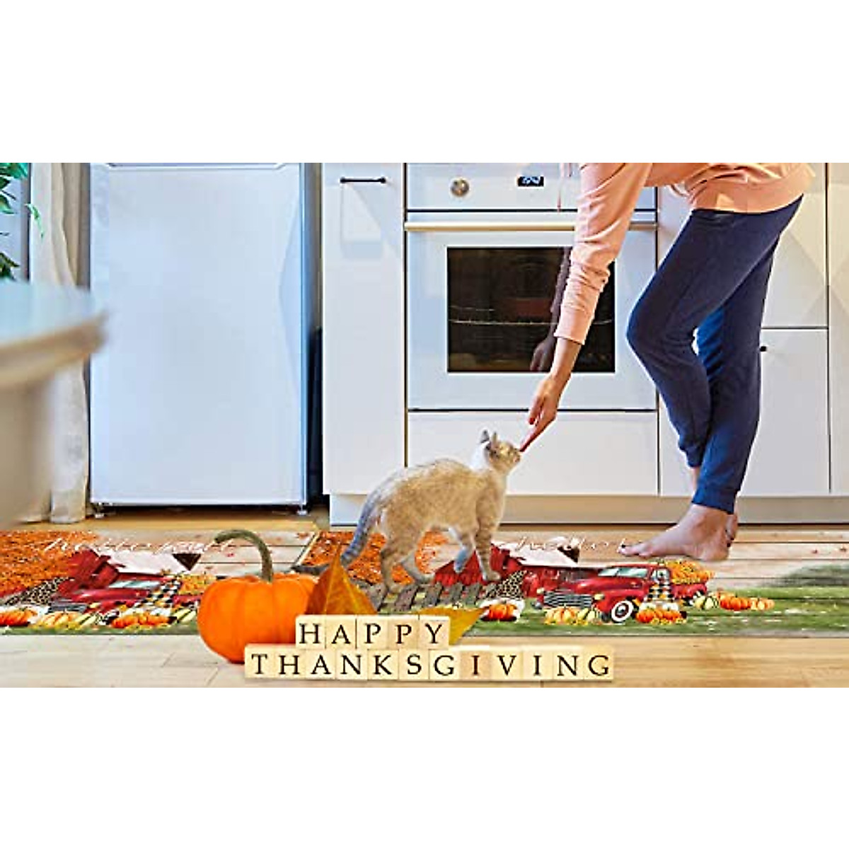 Z&L Home Kitchen Mat and Rug Set of 2 Thanksgiving Fall Farm Absorbent Bath Floor Mat Soft Non Slip Doormats Dwarfs with Pumpkins Retro Truck Wood Barn Plank Runner Carpets for Laundry Bedroom