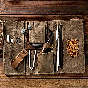Whitluck's Tobacco Pipe with Waxed Canvas Pipe Roll, Handmade Wood Smoking Pipe with Ultimate Beginner Guide E-Book, Travel Tobacco Pouch - Smoking Gift Set and Accessories