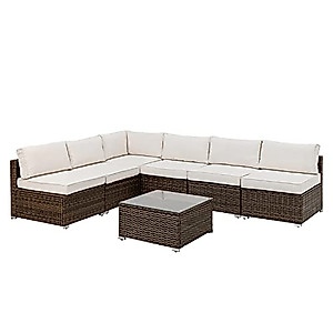 HOMPUS 7-Piece Outdoor Handwoven PE Rattan Wicker L-Shaped Corner Conversation Set Furniture Brown Patio Sectional Sofa Set w Beige Seat Cushions, Glass Coffee Table for Garden,Yard,Pool