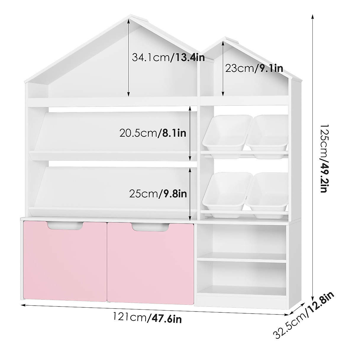 FACBOTALL 2 Tier Book Shelf for Books and Toy Storage, Toy Organizers and Storage with 2 Drawers and 4 Mobile Toy Boxes, Toy Storage Organizer for Living Room, Bedroom, Bookstore, Library