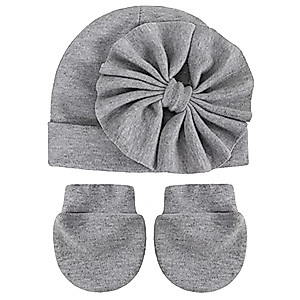 Newborn Bowknot Beanie Hat Gloves Set Baby Boys Girls Hospital Hat Infant Cap No Scratch Mittens for 0-6 Months (Grey)