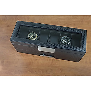 Glenor Co Watch Box with Valet Drawer for Men - 6 Slot Luxury Watch Case Display Organizer, Carbon Fiber Design -Metal Buckle for Mens Jewelry Watches, Men's Storage Holder Boxes has a Large Glass Top