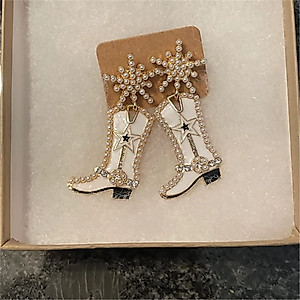 Rhinestone Cowgirl Boot Earrings Beaded Cowboy Boot Earrings Western Country Y2K Dangle Earrings Cute Dangling Earrings Jewelry for Women(White)