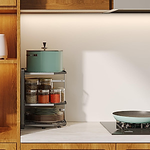 LUMAMU 2 Pack Stackable Corner Shelf Stand, Height Adjustable Cabinet Corner Rack, Countertop Shelf Organizers for Plates, Dishes, Cabinet & Pantry Kitchen Organization, Black