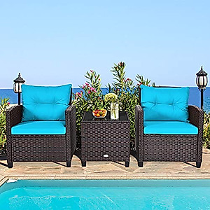 HAPPYGRILL 3-Piece Patio Furniture Set Outdoor Rattan Wicker Bistro Sofa Set Conversation Furniture with Cushion & Table