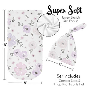 Sweet Jojo Designs Watercolor Floral Baby Girl Cocoon and Beanie Hat 2pc Set Jersey Stretch Knit Sleeping Bag for Infant Newborn Nursery Sleep Wrap Sack - Lavender Purple Pink Grey Shabby Chic Flower