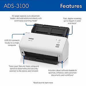 Brother ADS-3100 High-Speed Desktop Scanner | Compact with Scan Speeds of Up to 40ppm
