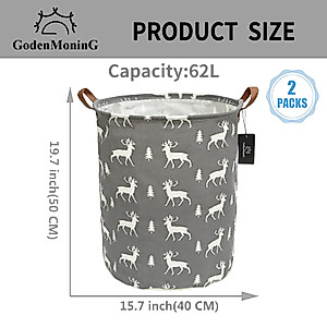 Collapsible Laundry Basket - GodenMoninG 2X 62.8L Large Sized Round Waterproof Storage Bin with Leather Handles,Home Decor,Toy Organizer,Children Nursery Hamper.（2 PACKS，Grey Deer X2）