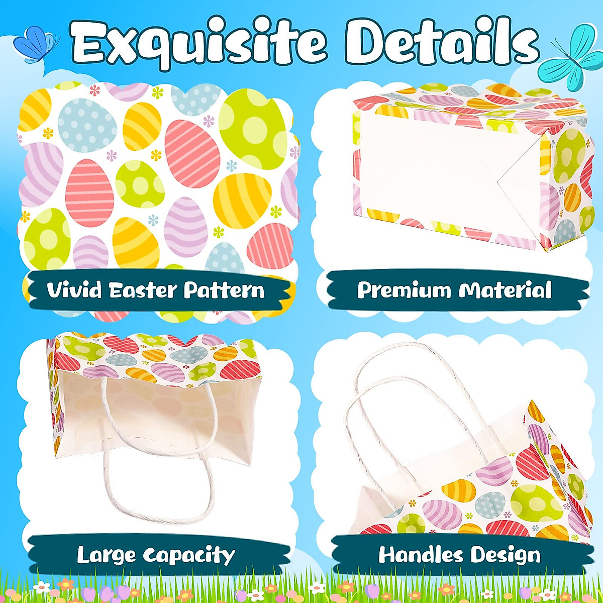 24 Pieces Easter Bags Bulk, Easter Party Bags Supplies, Easter Paper Gift Bags with Handles, Bunny Paper Cookie Candy Treat Goodie Bags for Easter Kids Boys Girls Birthday Party Favors Gift Wrapping