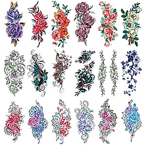 Glaryyears Temporary Tattoos for Women Female, 18-Pack Large Big Fake Tattoos, Long-lasting Flower Tattoos, Floral Design Variety Pack Realistic Tattoos 3D, Sexy for Body Arm Chest Shoulder Thigh
