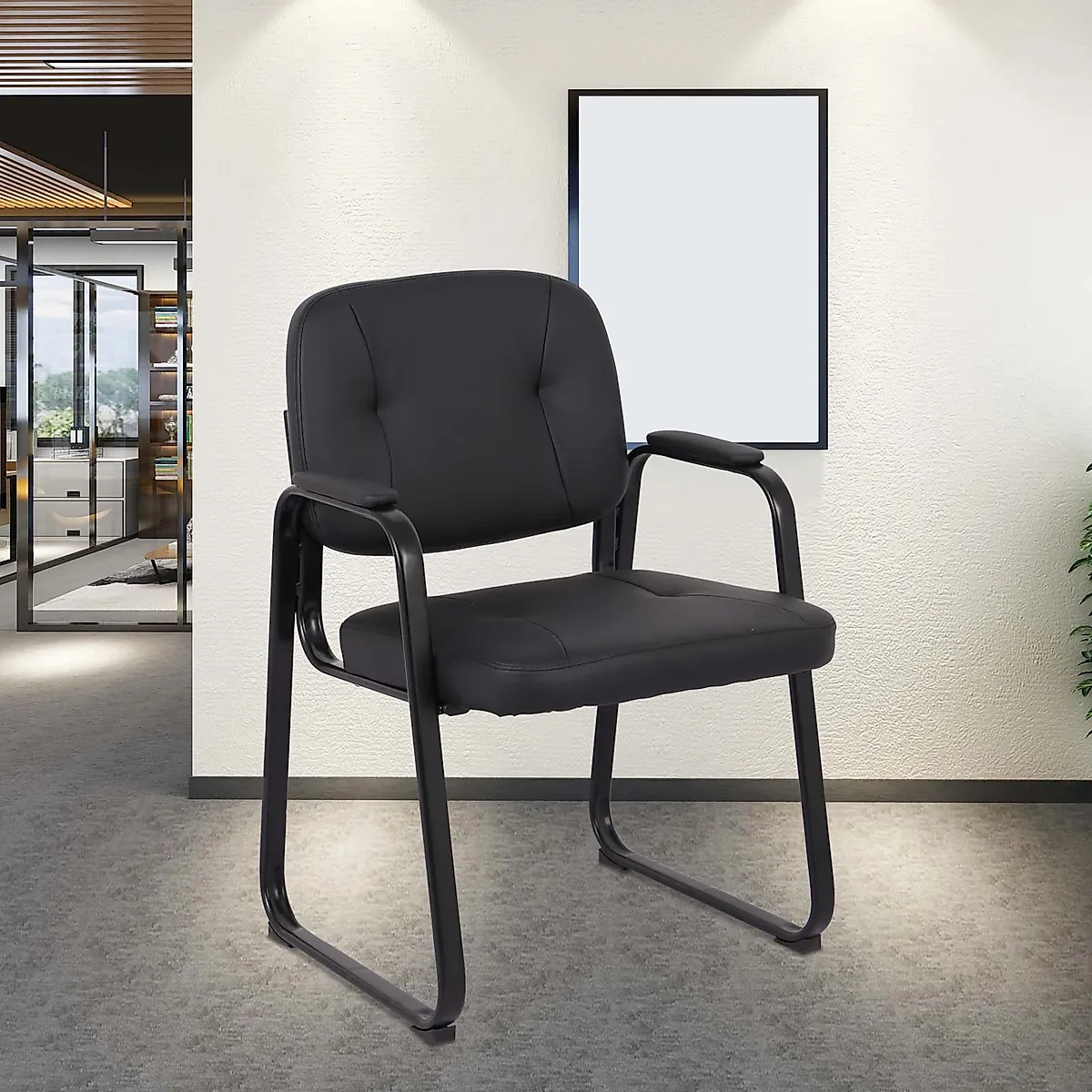 CLATINA Waiting Room Guest Chair Leather Reception Chairs with Bonded Leather Padded Arm Rest Upholstered Fabric Seat Sled Base for Conference Reception Office Home Side Desk Chair Black (1 Pack)