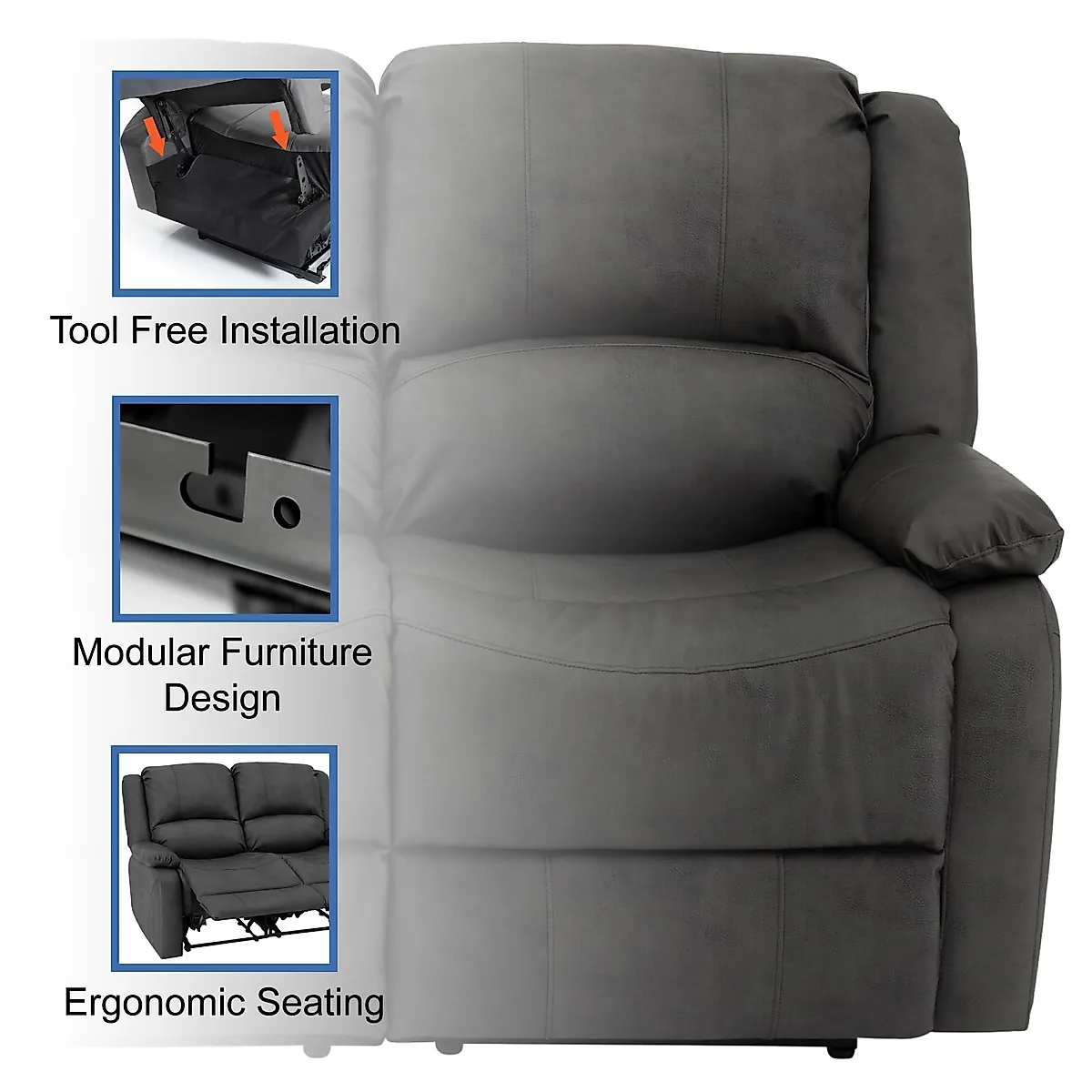 RecPro Charles 58" Double Recliner RV Sofa | Zero Wall Loveseat for Camper | Wall Hugger Couch | Fifth Wheel Theater Seating | Upgraded 2023 Fabric (Gunmetal)