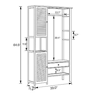 MoNiBloom Closet Organizer with Two Shutter Doors and 1 Drawer, Bamboo Freestanding Clothes Garment Rack with a Hanging Rob, 2 Storage Shelves, 2 Hooks and Pants Rack, Brown