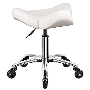 WKWKER Heavy Duty Rolling Stool with Wheels Hydraulic Swivel Adjustable Rolling Stool Ergonomic Thick Irregular Leather Seat Stool Chair for Kitchen Drafting Lab Office Salon Message Stool – White