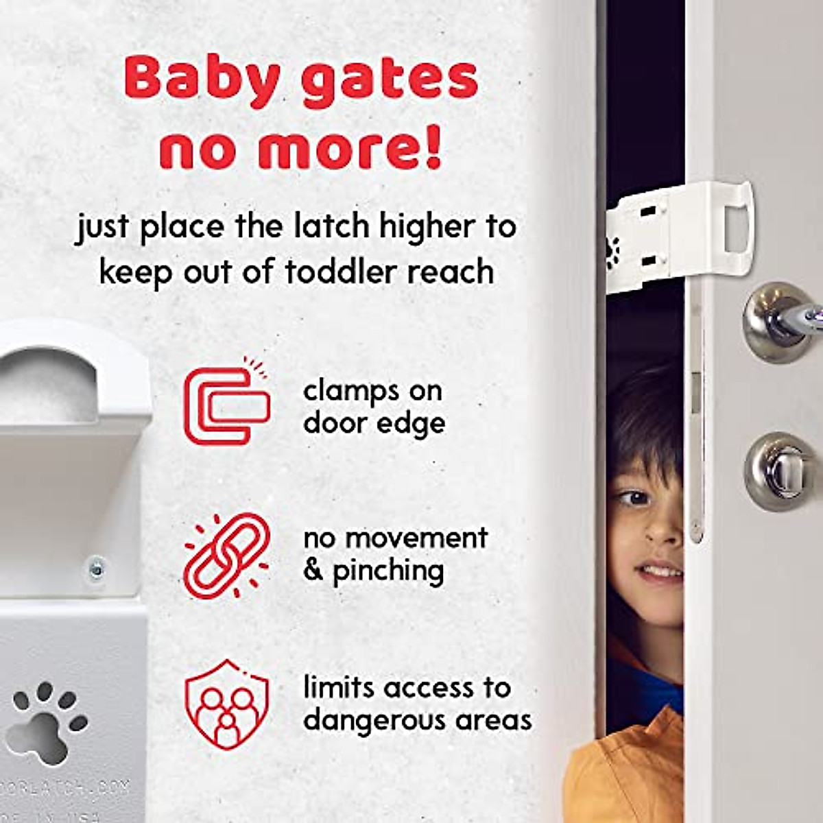 TheDoorLatch Cat Door Strap and Latch, Sturdy Door Holder for Keeping Dogs and Kids Out of Rooms, Litter Boxes, and Food, White Powder Coated Cat Door Latch, 3.5 to 4.5 Inches Opening