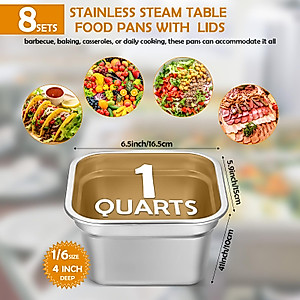 Suttmin 8 Pcs Hotel Pan 1/6 Size Steam Table Pan with PP Plastic Lid Stainless Steel Food Containers with Lids Restaurant Pans Food Prep Pan Anti Clogging Steamer for Buffet Party (4" Deep)
