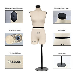 DL262 Half Scale Dress Form Size 12 (Not Adult Full zie) Mini Sewing Tailor Mannequin, Female Dressmaker Dummy, Half Size for Dress Pattern Making, Beige