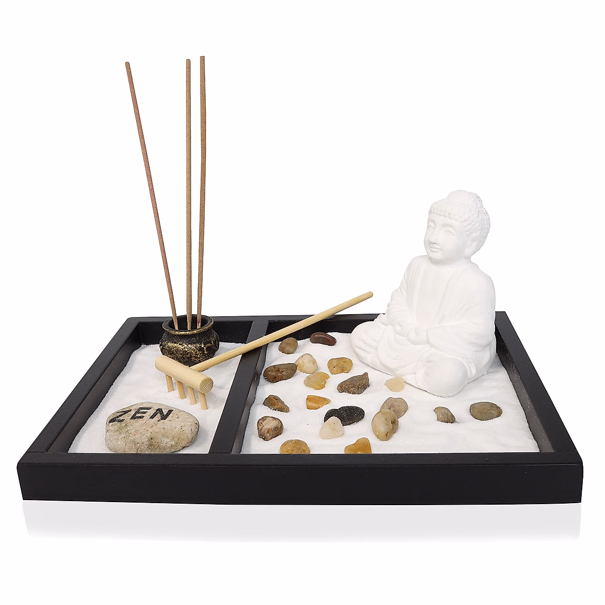 Japanese Mini Zen Garden with Incense Holder, and White Miniature Buddha Statue for Relaxation and Meditation, Perfect Home Desk Decor and Gift Set - 7" x 8.5" x 6.5"