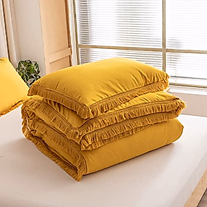 Smoofy Boho Mustard Yellow Duvet Cover King Size, 3 Pieces Bohemian Fringe Tufted Soft Tassel Microfiber Duvet Cover with Zipper Closure (1 Duvet Cover, 2 Pillowcases)