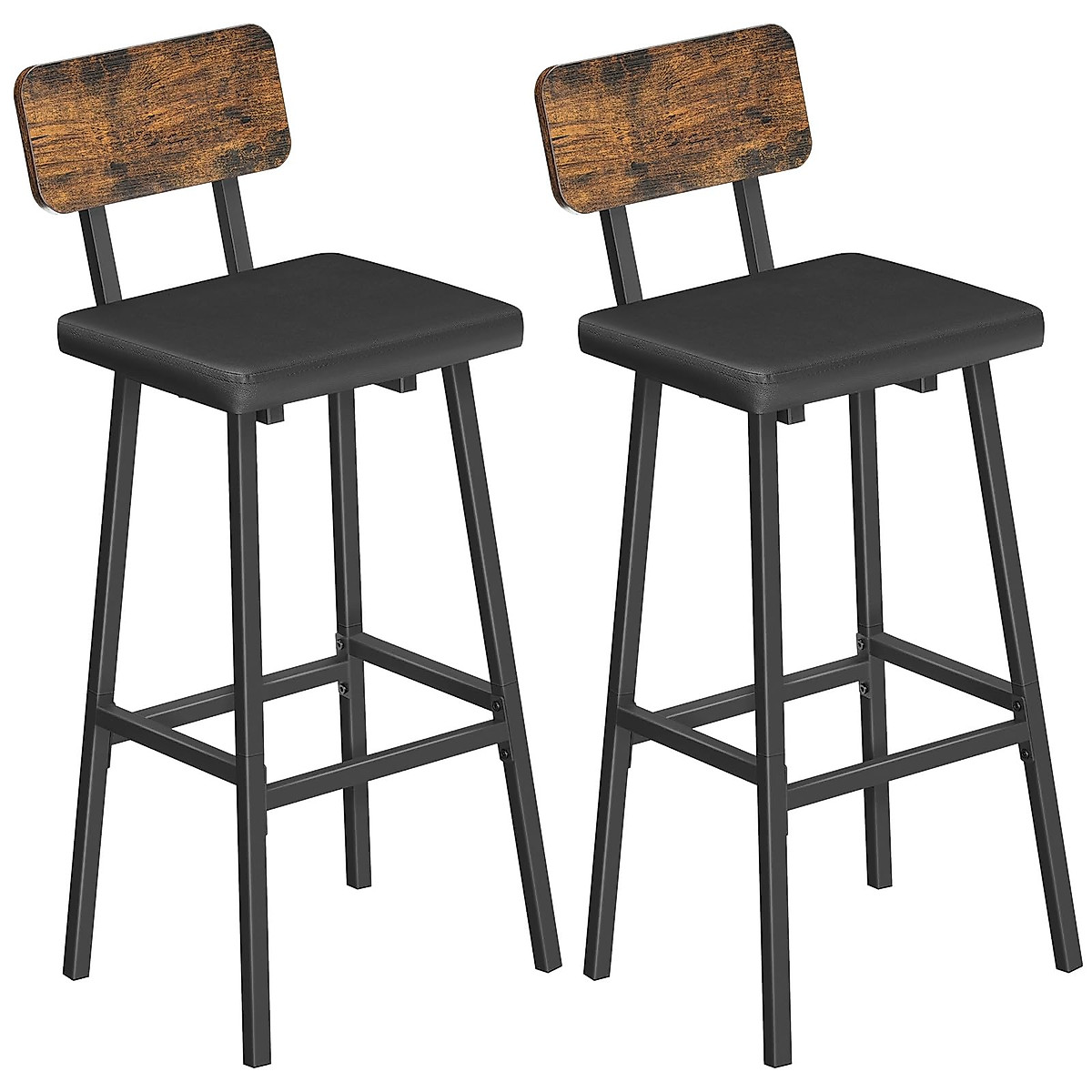 HOOBRO Bar Stools, Bar stools Set of 2 PU Upholstered Tall Bar Chairs, Barstools with Backrest and Footrests, for Kitchen, Dining Room,Bar, Cafe, Rustic Brown and Black BF84BY01