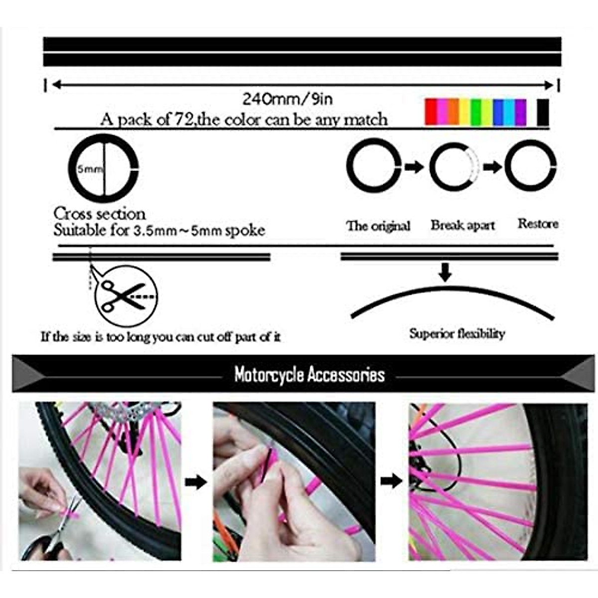 Aura Naturel Bicycle Spoke Skins Wraps BMX MTB Kids Road Mountain Bike Colorful Wheel Decoration-72 Pcs