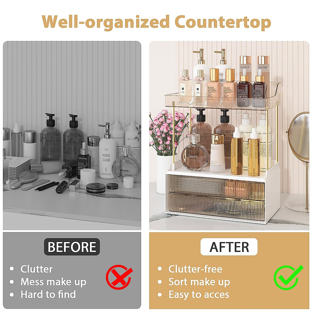 Webetop Bathroom Counter Organizer, Large Makeup Organizer Countertop, Multi-Purpose Vanity Organizer Countertop with 2 Drawers for Storage, Cosmetics, Perfume, Toiletry (Amber)