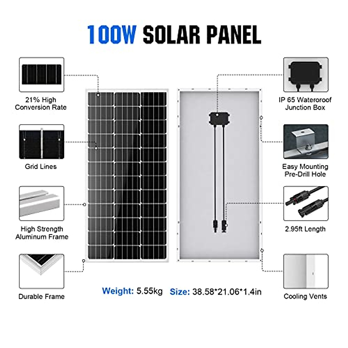 ECO-WORTHY 100 Watt 12 Volt Solar Panel Kit for RV Battery Boat Trailer Cabin Garden Shed Home: 100W Solar Panel+30A PWM Charge Controller+ Tray Cable + Z Mounting Brackets