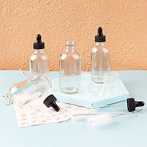 HWASHIN 24 Pack 4oz Clear Glass Bottles with Glass Eye Droppers for Essential Oils, Perfumes & Lab Chemicals (2 Brushes, 2 Funnels, 2 Extra Droppers, 36 Pieces Labels & 30ml Measuring Cup Included)