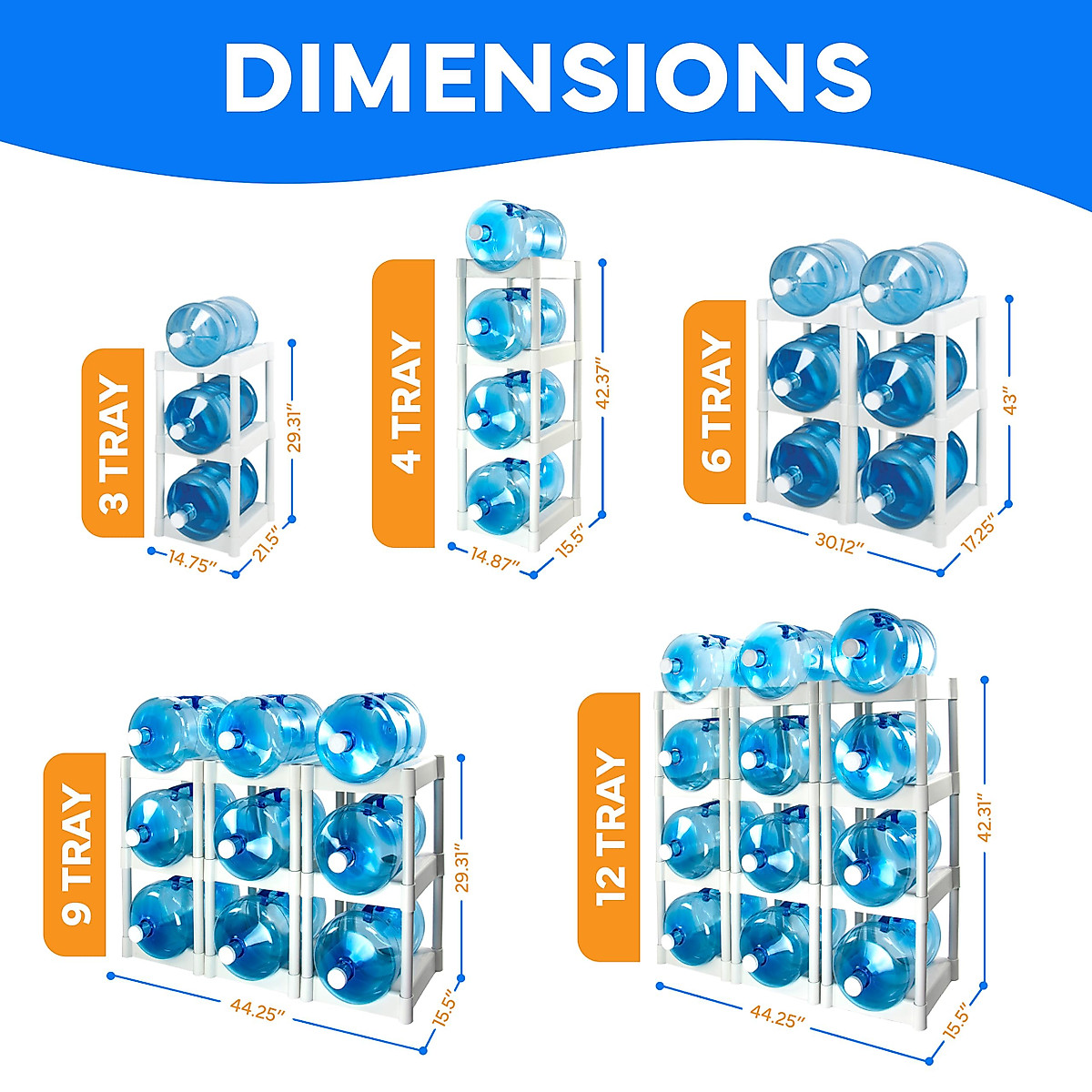 Bottle Buddy Water Racks - 3 and 5 Gallon Bottles - 4-Tray Jug Storage System - Free-Standing Organizer for Home, Office, Kitchen, Warehouse - Black